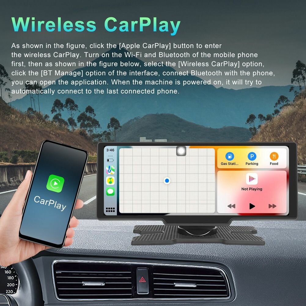 10,26-дюймовый автомобильный монитор с беспроводным CarPlay и Android Auto — HD IPS 1600x600, Bluetooth, FM, AUX