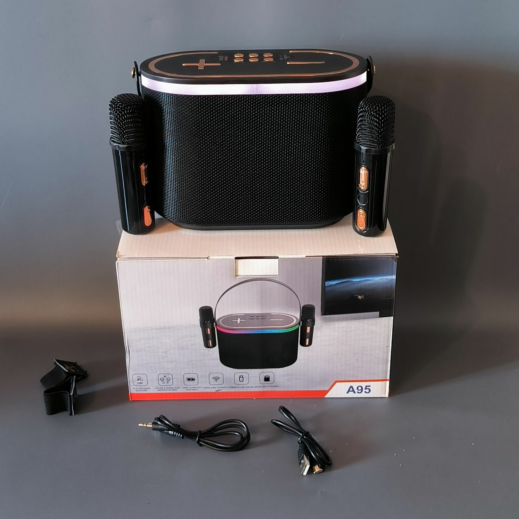 Peterhot A95 караоке система с двумя микрофонами, портативная колонка