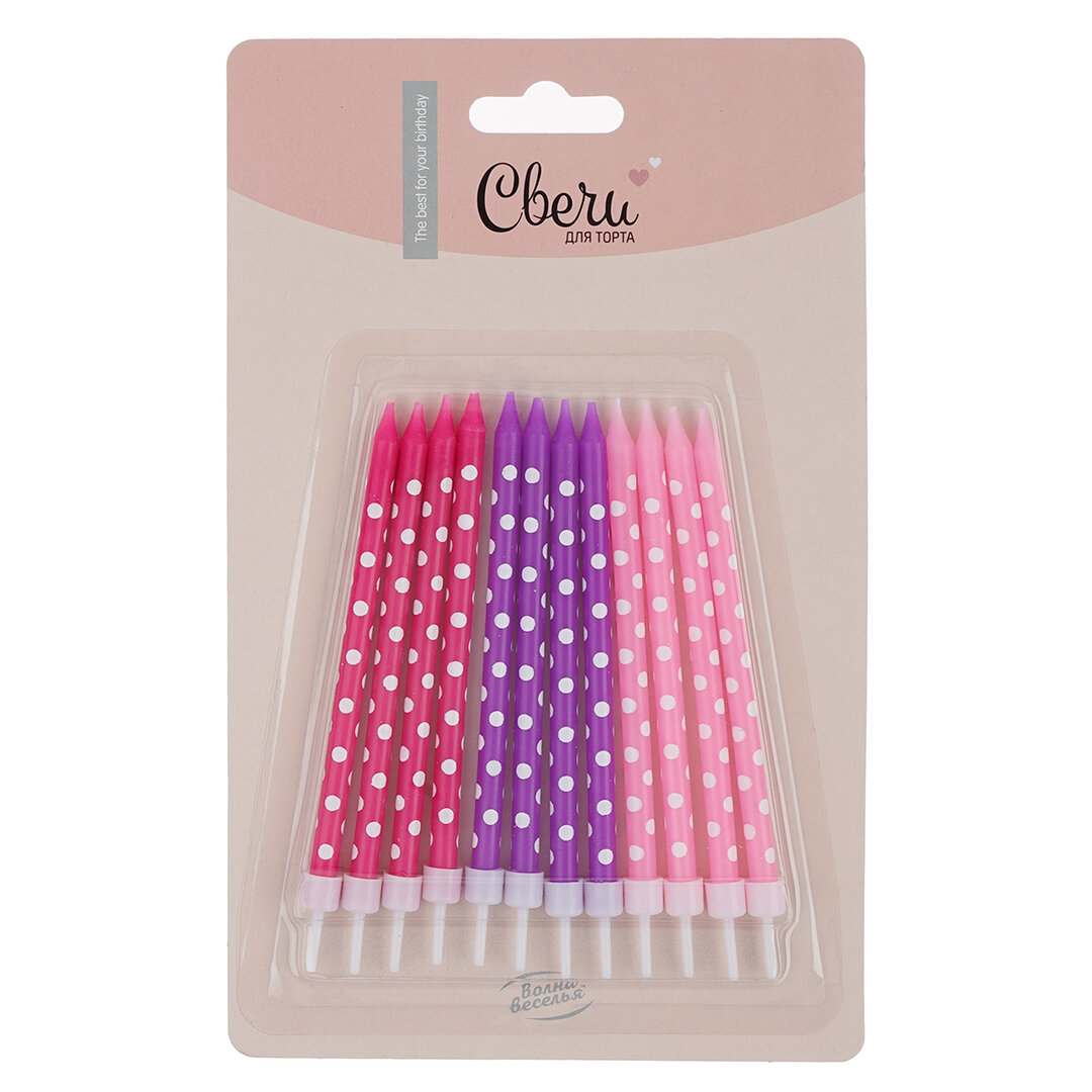 Свечи для торта Волна веселья Белые точки, Ассорти для девочки, 0,5х10 + 1 см 12 шт с держателем