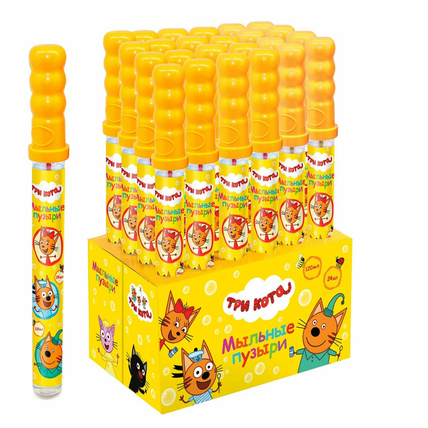 Мыльные пузыри Игрушечный город Меч с изображением героев мультфильма Три Кота, 120 мл, 24 шт