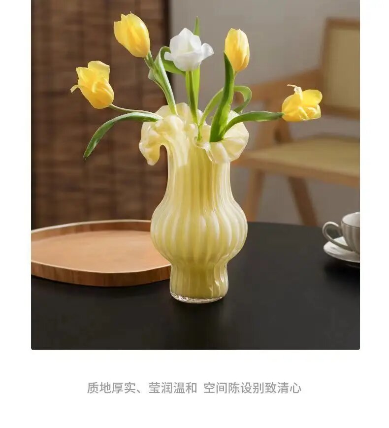 Стеклянная ваза в стиле плиссированной юбки, французская средневековая прозрачная ваза с большим животом, Светло-желтый