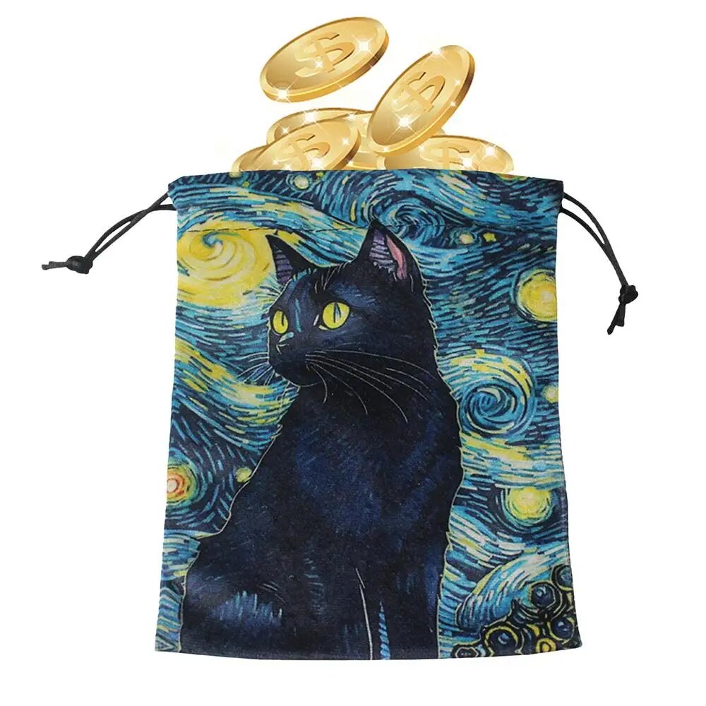 Бархатная сумка для хранения карт Таро. Таинственные бархатные мешочки с завязками с принтом черного кота. Чехол для карт Таро. Органайзер.