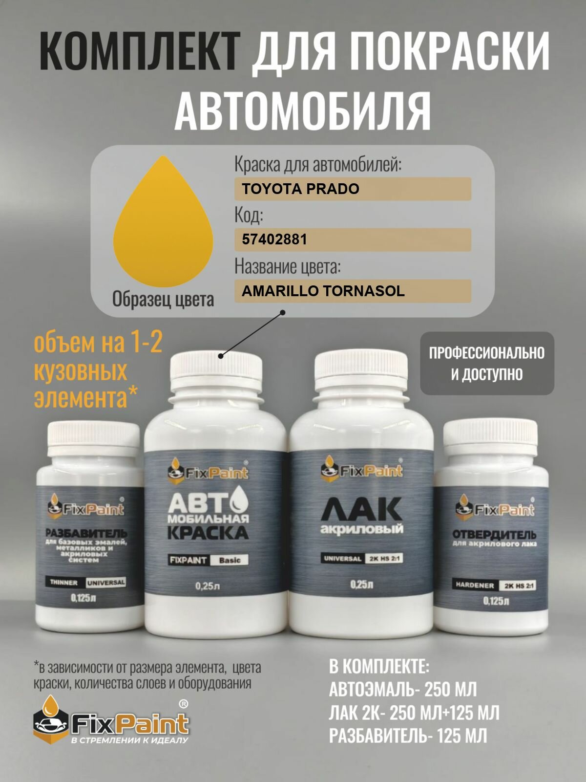 Комплект для покраски TOYOTA PRADO, код 57402881, AMARILLO TORNASOL, базовая автомобильная краска 250 мл, лак 2K 250 мл с отвердителем, разбавитель 125 мл, FixPaint Pro