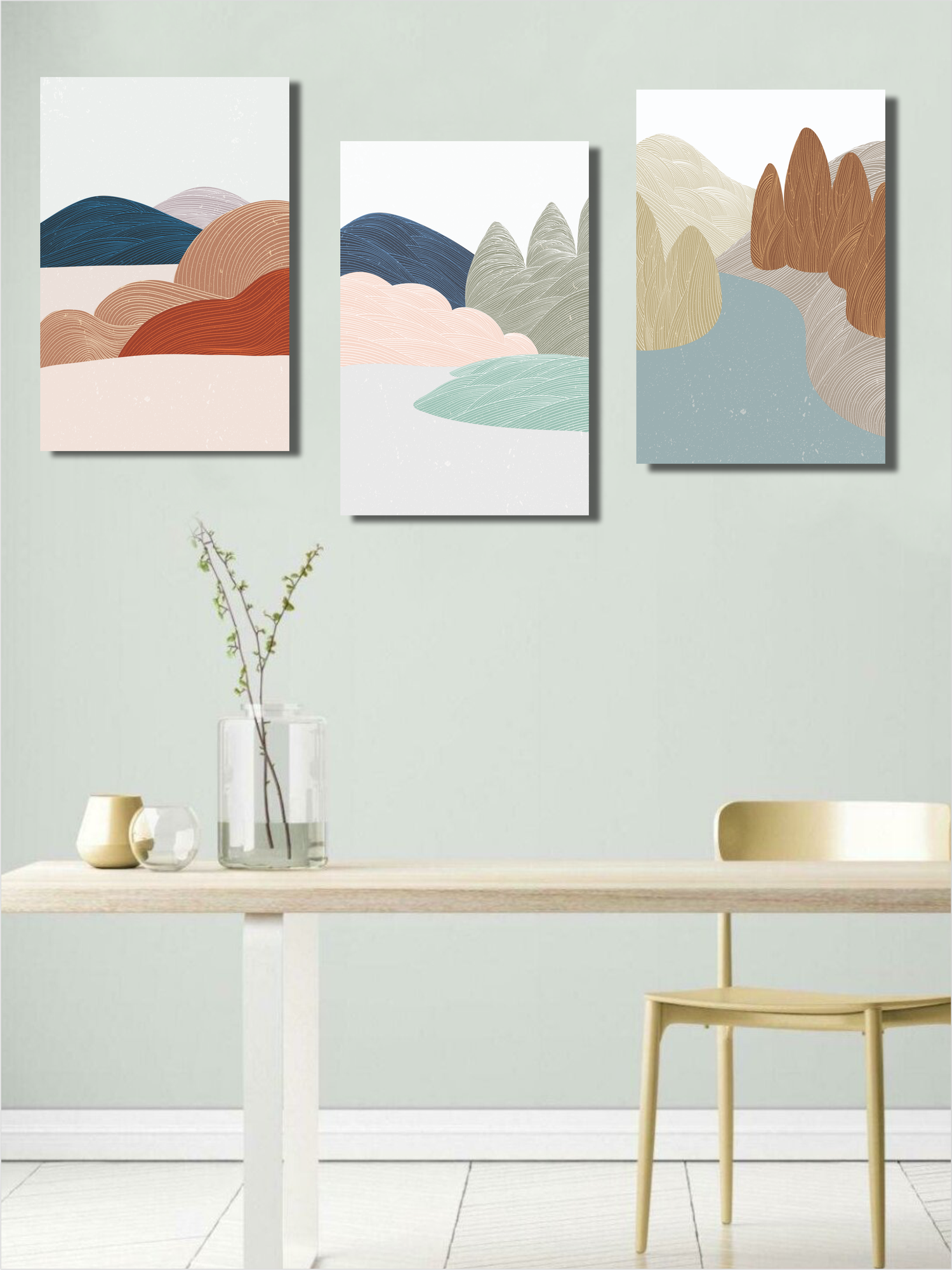 Модульная картина для интерьера на стену, Минималистичный горный пейзаж 40х60 см - 3 штуки на холсте на подрамнике