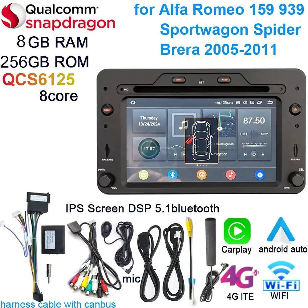 Автомобильный DVD-плеер Carplay с Android, GPS-радио для Alfa Romeo Brera 159 Sportwagon Spider 2005 2006 2007 2008 2009 2010 2011 OEM Qualcomm6125-8-256