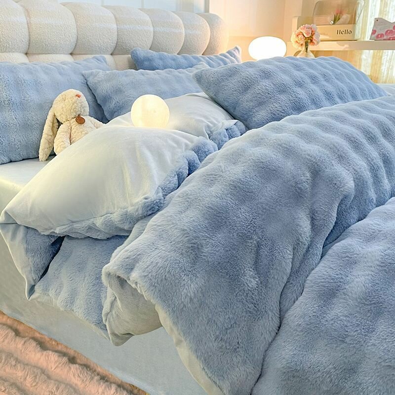 Пододеяльник из кроличьего меха, цельный, комплект из четырех предметов из утолщенного молочного велюра, плюшевый фланелевый пододеяльник, плюшевая простыня из кораллового флиса для зимы.