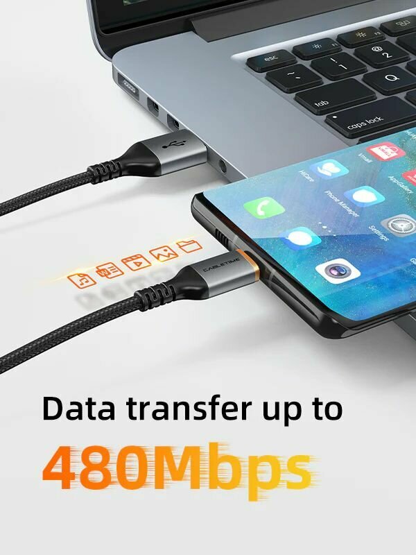 Кабель CABLETIME CA50L, Quick Charge 3.0, USB Type-A to Type-C, 2 метра, черный — фото 1