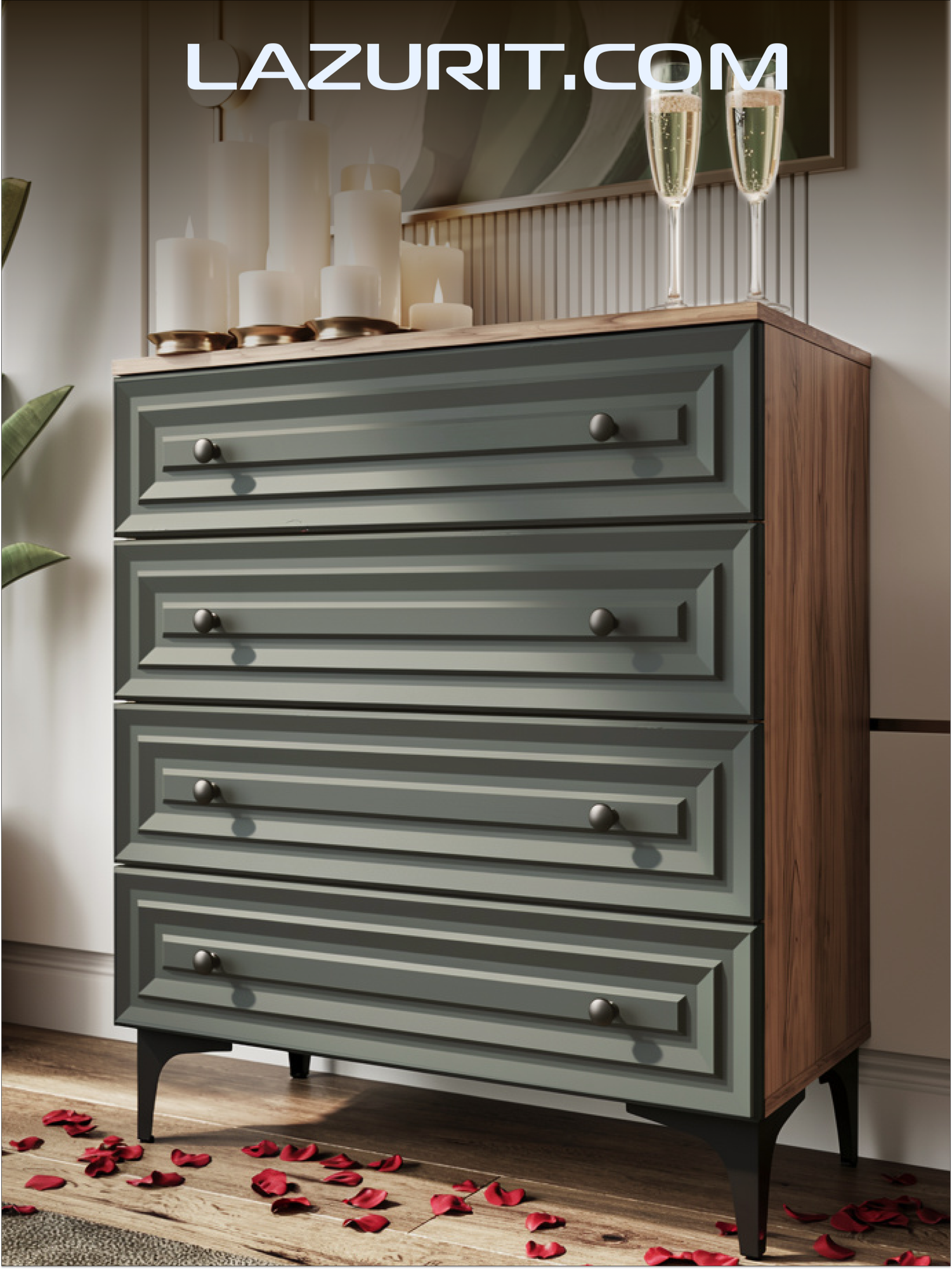 Комод для одежды большой с ящиками зеленый Lazurit Artnuvo под телевизор на ножках высокий узкий ретро 75х87 в прихожую