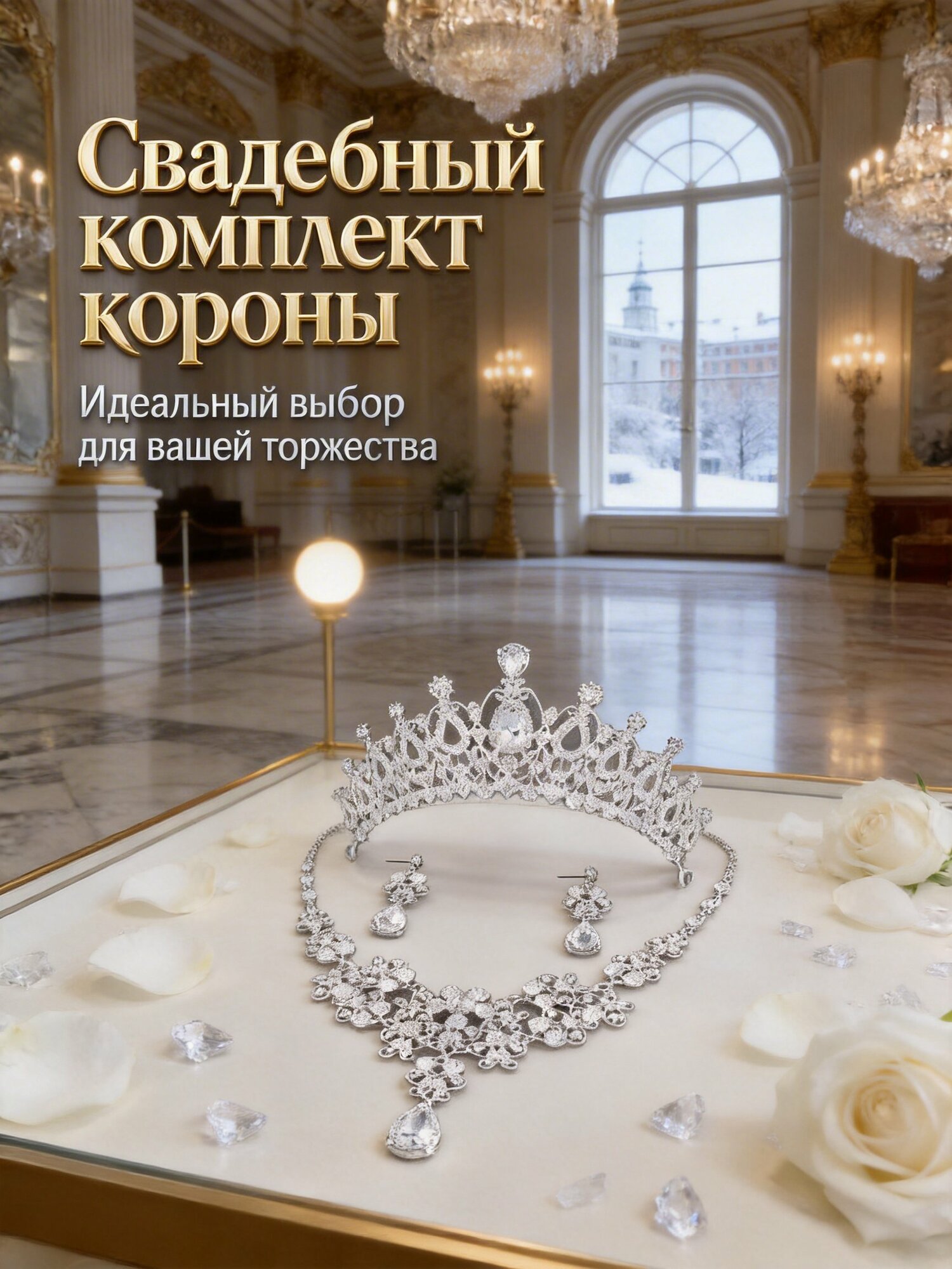 Свадебный комплект с короной: ожерелье с короной, браслет и серьги из сплава для невесты, классический элегантный набор удобный в ношении и идеален как подарок
