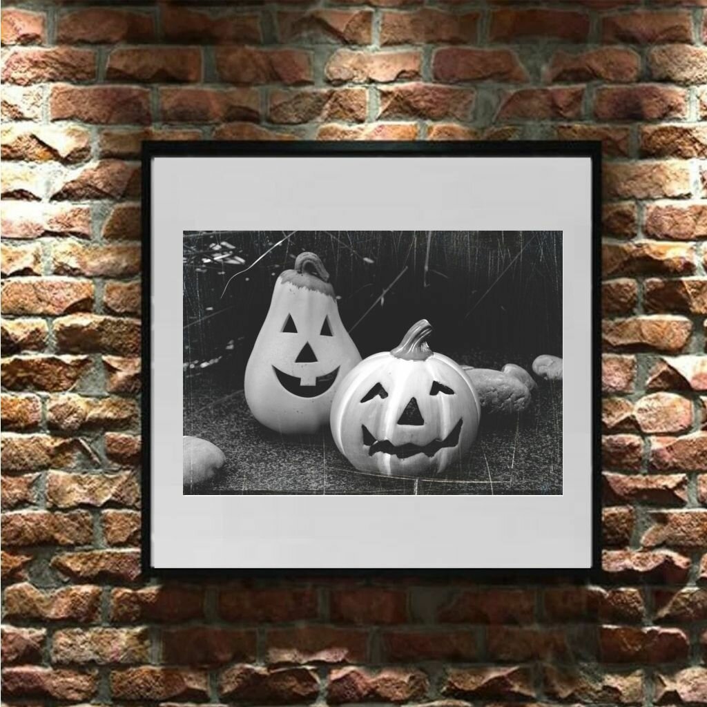 Постер "Тыквы в черно-белом стиле" на Хэллоуин (Halloween) от Cool Eshe из коллекции "Праздники", плакат на стену А4 (29,7 х 21 см) для интерьера в стиле Дня всех святых