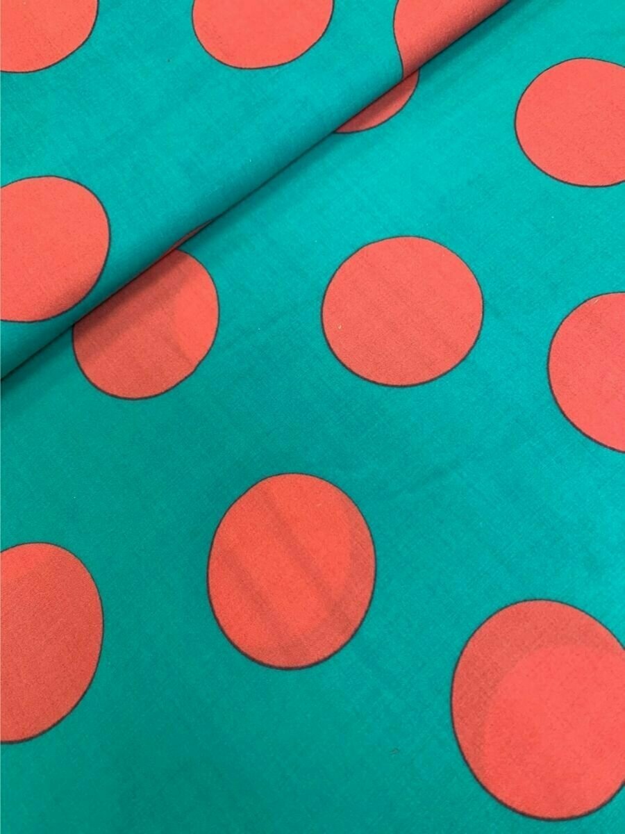 Штапель бирюзовый в красный горошек 150х140 см.