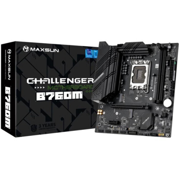 Материнская плата MAXSUN Challenger B760M, LGA 1700, Intel B760, 2xDDR4, 3xSATA, 2xM.2, 1xPCIe 4.0 x16, HDMI, D-Sub, 1x1Gb LAN, 3x3.5 мм, 5.1, microAT