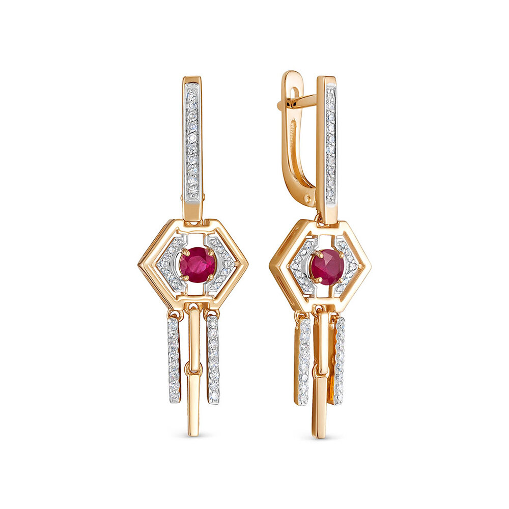 Серьги с подвесками, красное золото, 585 проба, родирование, рубин