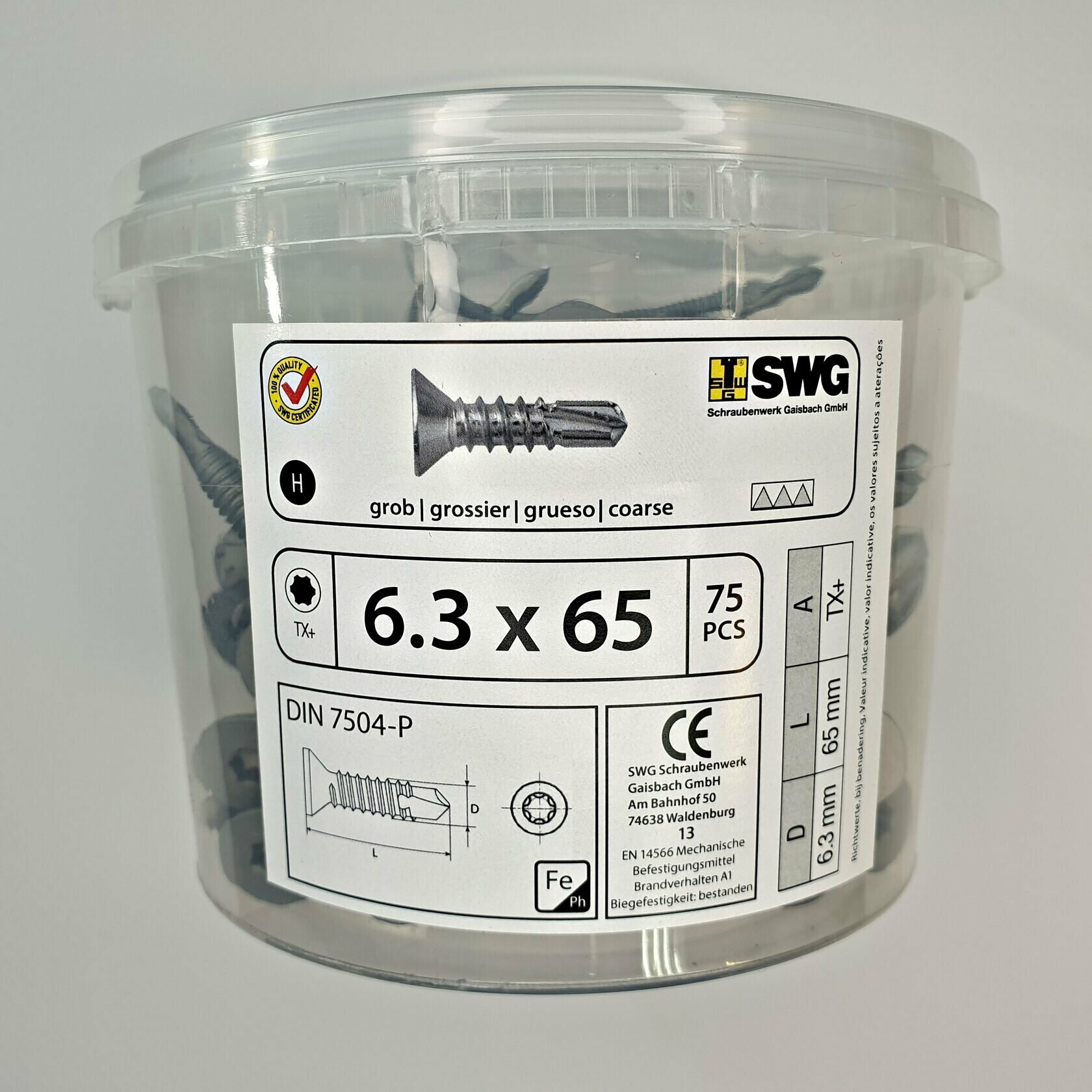 Саморез по металлу DIN 7504-P 6.3x65 (75 pcs) (GZ) (ЦСП) SWG, Германия