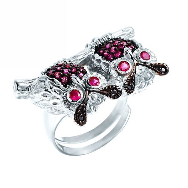 Кольцо, серебро, 925 проба, родирование, циркон, рубин синтетический