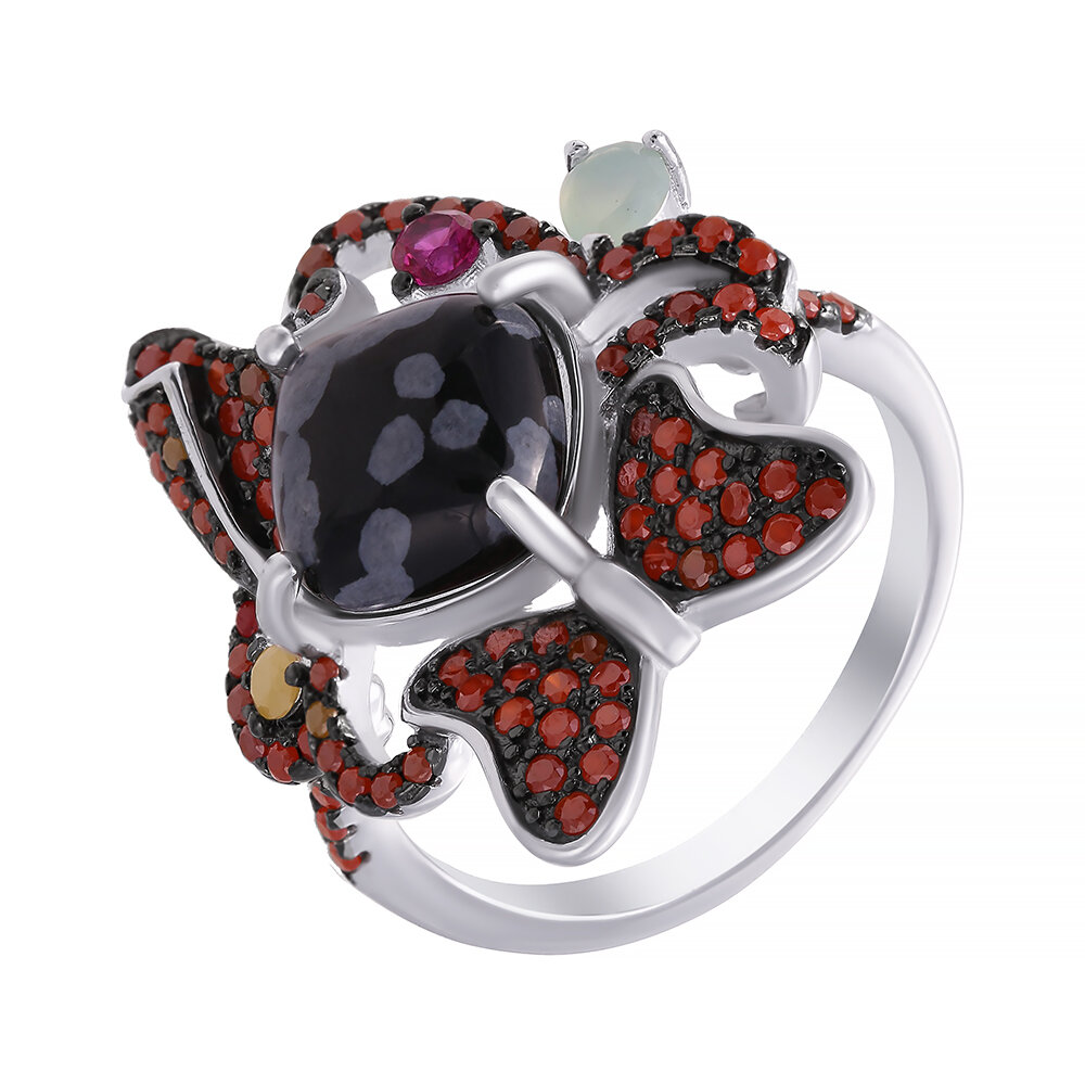 Кольцо, серебро, 925 проба, обсидиан, фианит