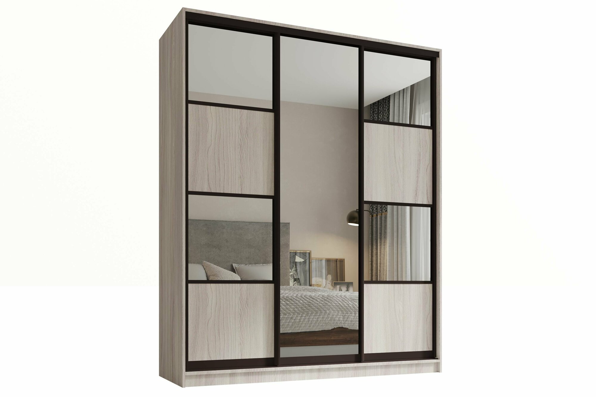 Шкаф купе, для одежды Линц 3, Легкомаркет, 180х60х220, белье/платье/белье, ясень шимо светлый, профиль коньяк, с зеркалом