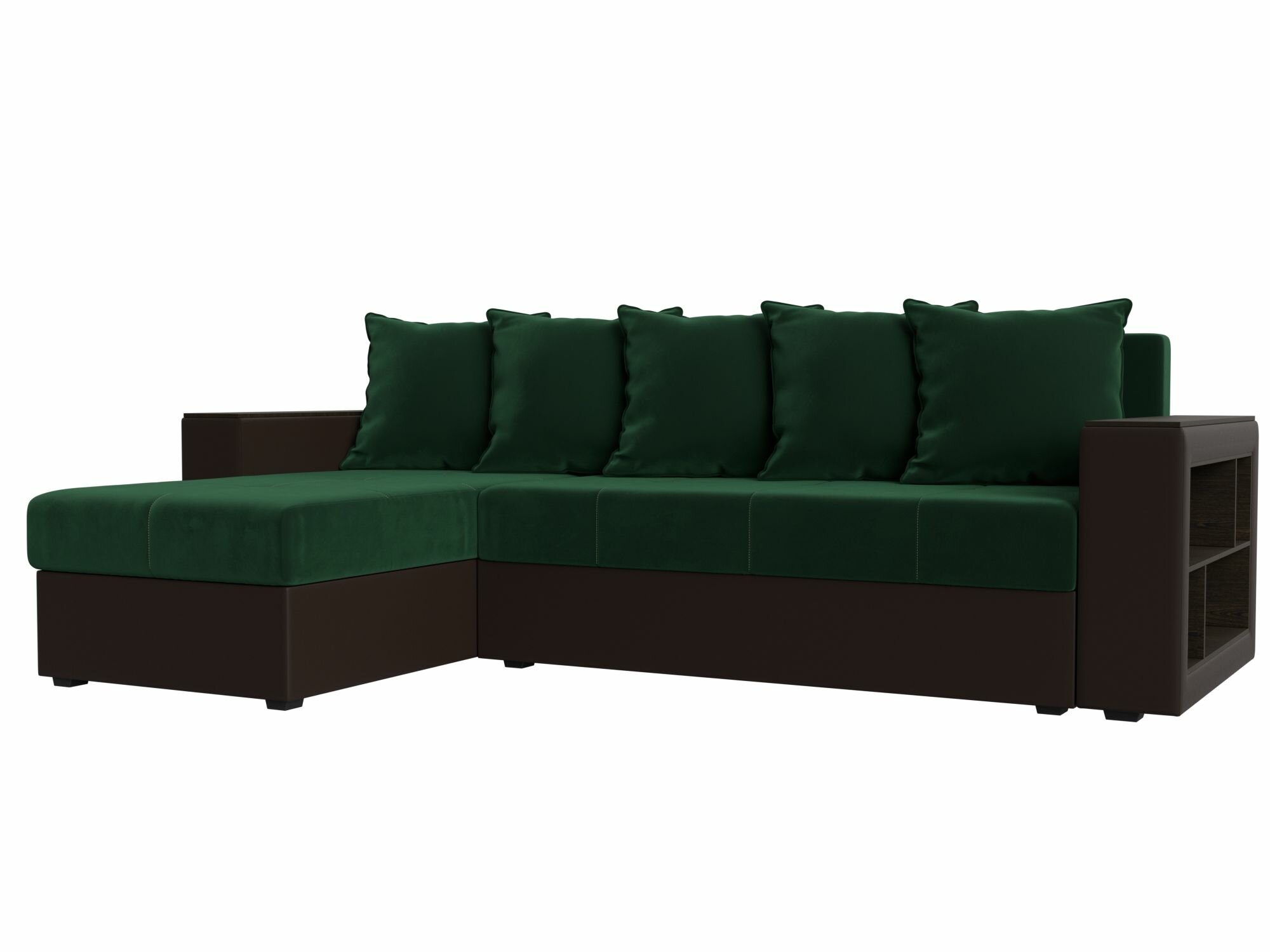 Диван угловой Дубай Лайт левый угол, велюр зеленый, экокожа коричневая