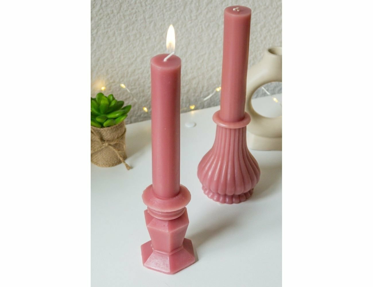 Декоративная свеча античное изящество с гранёным основанием, розовый бархат, парафин, 25 см, Kaemingk 215652-1