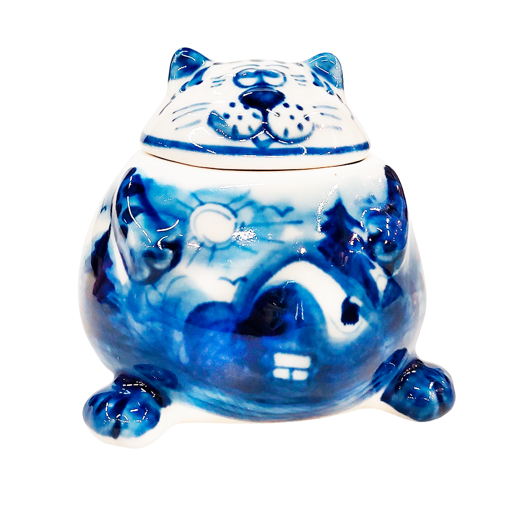 Фарфоровая солонка ручной работы "Кот", гжель деревенька