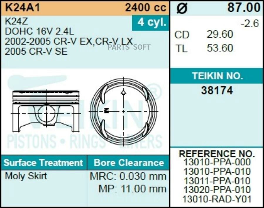 Поршень (STD/ к-т 4 шт) Honda Accord 02-20 / CR-V 01-05 K20A1; K20A4; K20A5; K20A7; K20A8; K24A1; K24A4; K2 TEIKIN 38174 STD | цена за 1 шт