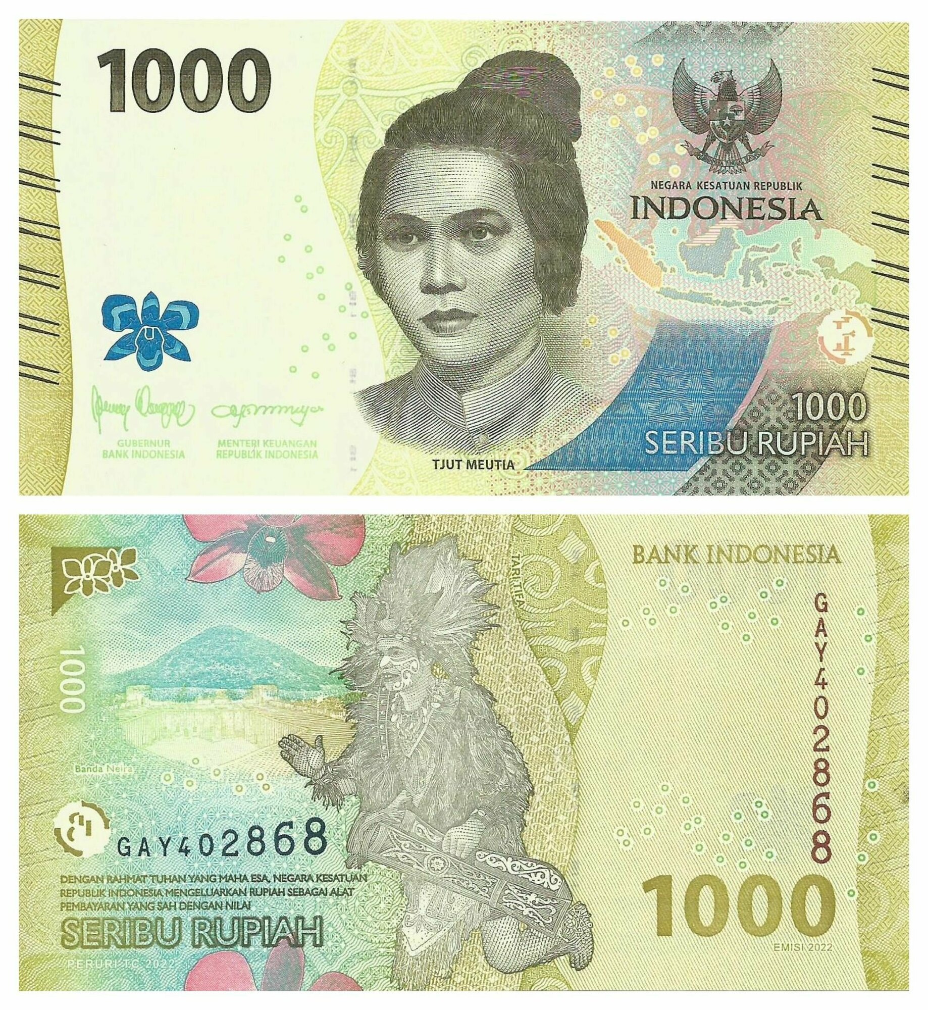 Индонезия 1000 рупий 2022 г. в. Подлинная банкнота UNC - aUNC