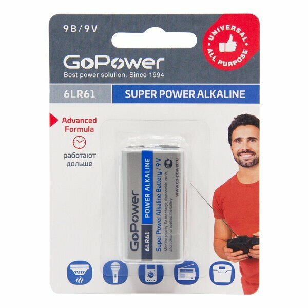 Элемент питания Крона 6LR61 9В, щелочной, GoPower 00-00017863 Super Power Alkaline