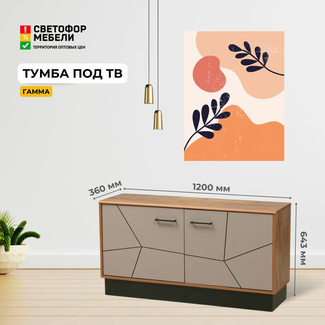 Тумба под телевизор Олмеко Гамма 1200х643х360, Таксония/Черный/ПВХ грей