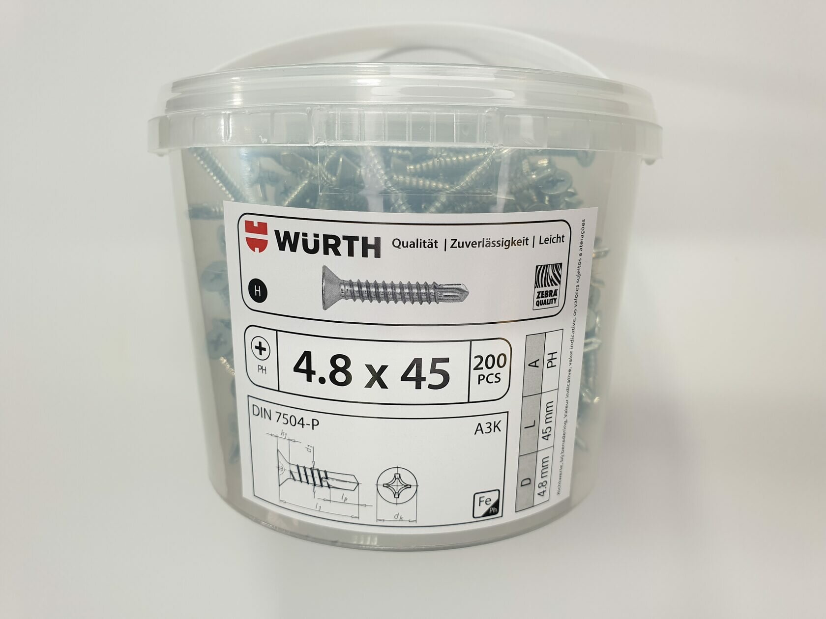 Саморез по металлу шлиц РН DIN 7504-P 4.8x45 (200 pcs) WURTH, Германия