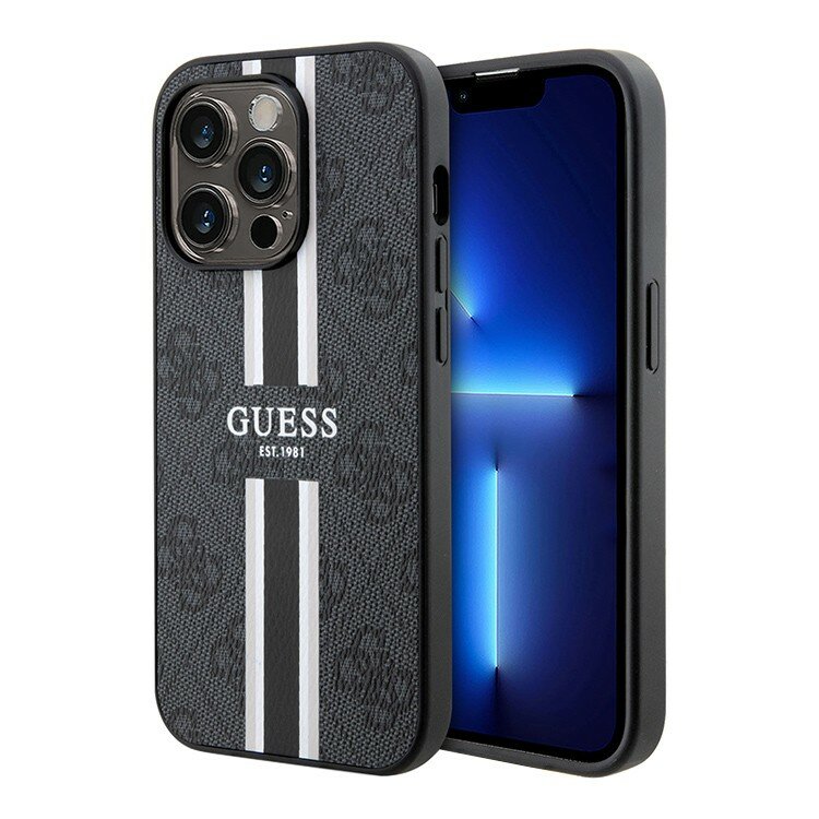 Guess для iPhone 15 Pro чехол из кожи PU с принтом 4G Stripes, черный (MagSafe)