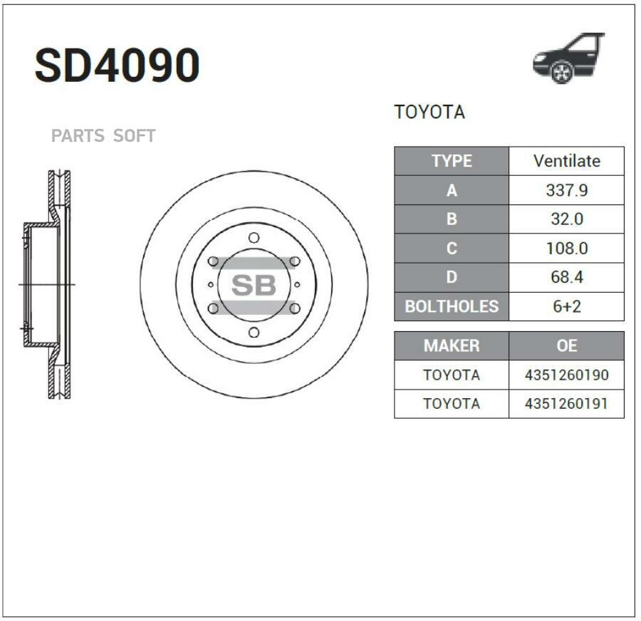 SANGSIN BRAKE SD4090 Диск тормозной TOYOTA LAND CRUISER PRADO (J150) 10- передний
