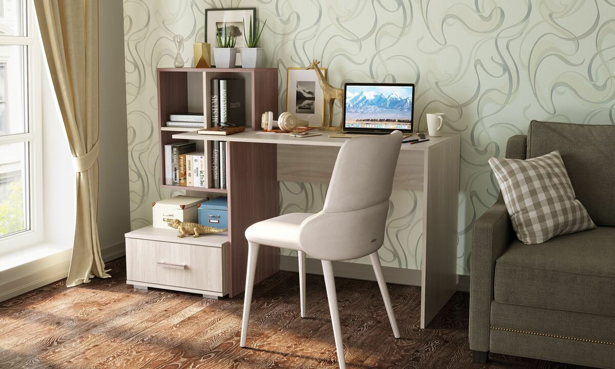 Компьютерный стол ПКС 10, Шимо темный/Шимо светлый, ЛДСП, с полками, с ящиком 1482х1055х570, памир