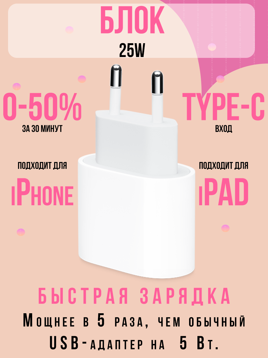 Сетевое зарядное устройство Premium 25W Type-C для телефона, айфона, iPad, AirPods, Android