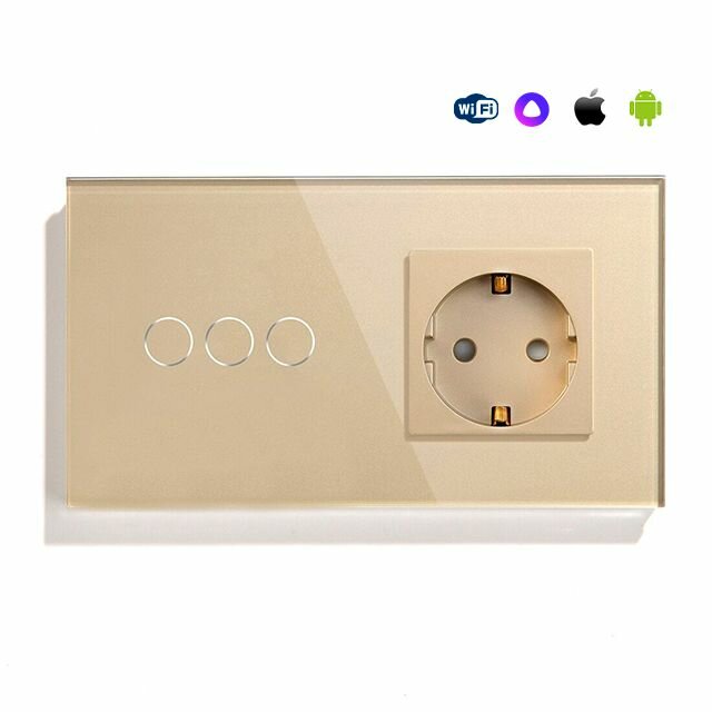 Сенсорный выключатель WiFi 3 клавиши 1 розетка 2 поста (3G+1EU) стекло 157х86мм цвет золотой