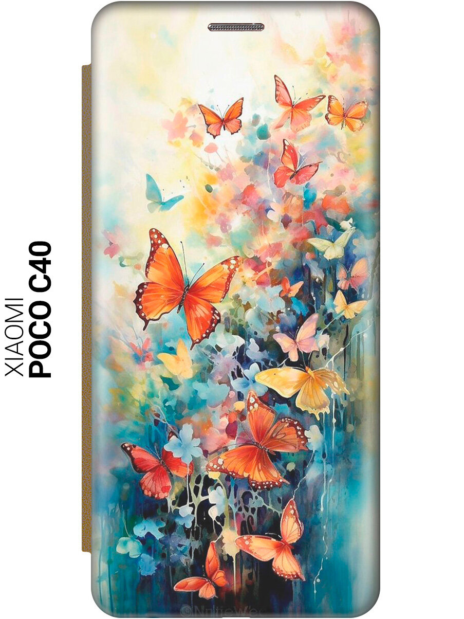 Чехол-книжка на Xiaomi Poco C40 / Сяоми Поко С40 с рисунком "Бабочки акварелью" золотой