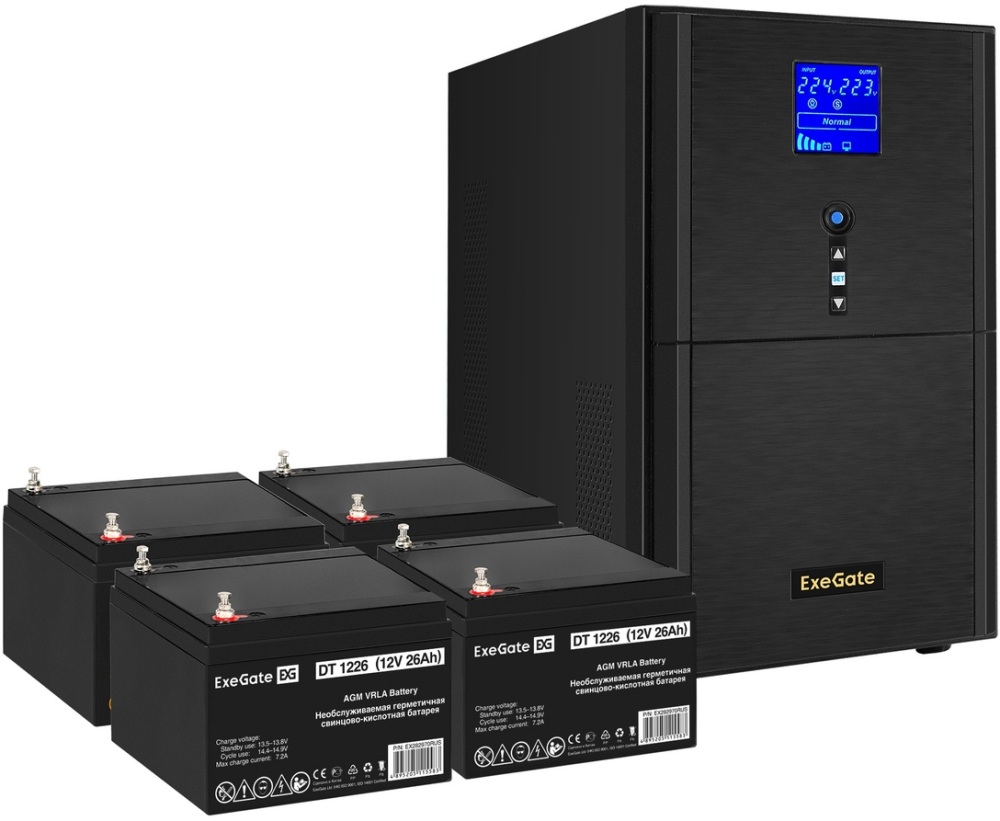 ИБП + батарея ExeGate SineTower SZ-3000. LCD. AVR.3SH.1C13. RJ. USB + 4x DT 1226 (26Ач) (EX296858RUS)