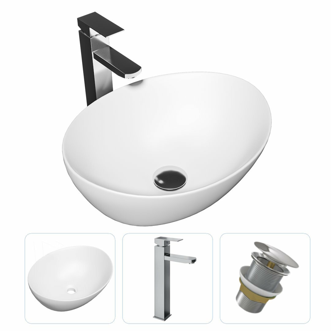 Раковина накладная для ванной Teymi Lori 40 в комплекте смеситель высокий хром и донный клапан клик-клак без перелива хром F01722