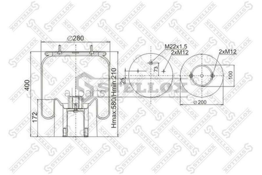 STELLOX 9041572SX пневмоподушка со стак. !2шп. M12смещ.25. 1отв. штуц. M22. Поршень пластик 2 отв. M12 \ROR