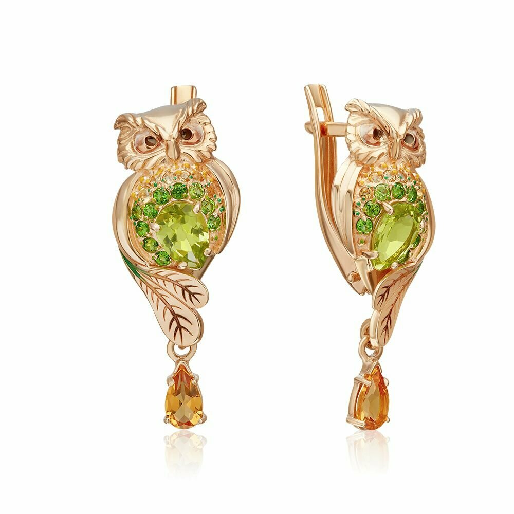Серьги, красное золото, 585 проба, хризолит, цитрин, хромдиопсид, эмаль