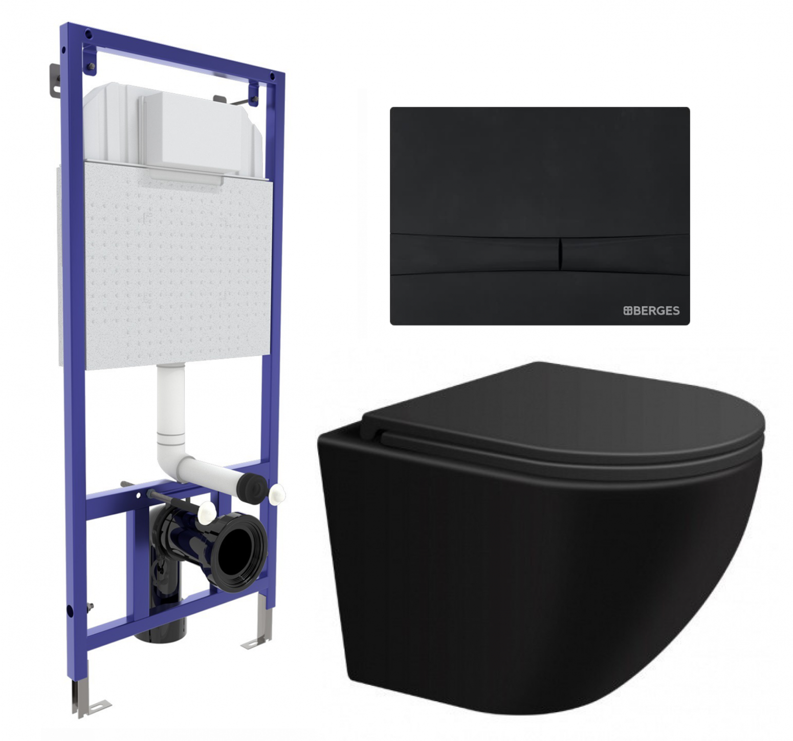 Комплект 3 в 1 инсталляция Berges Wasserhaus Novum 040255 + Подвесной унитаз SinteSi EVI + кнопка черная