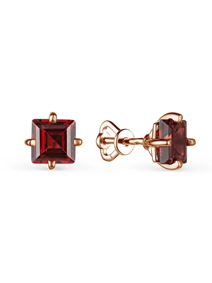 Серьги пусеты, красное золото, 585 проба, бриллиант, гранат