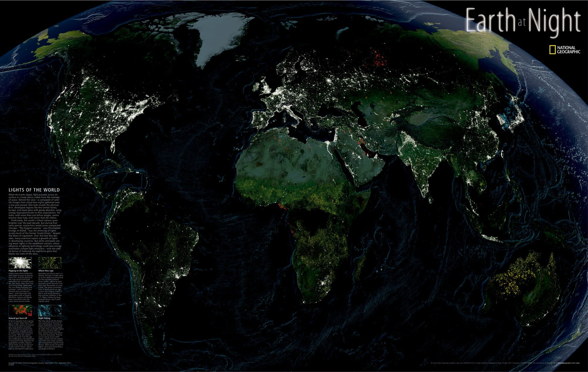 Дизайнерская карта Земли ночью National Geographic размером 122-73 см