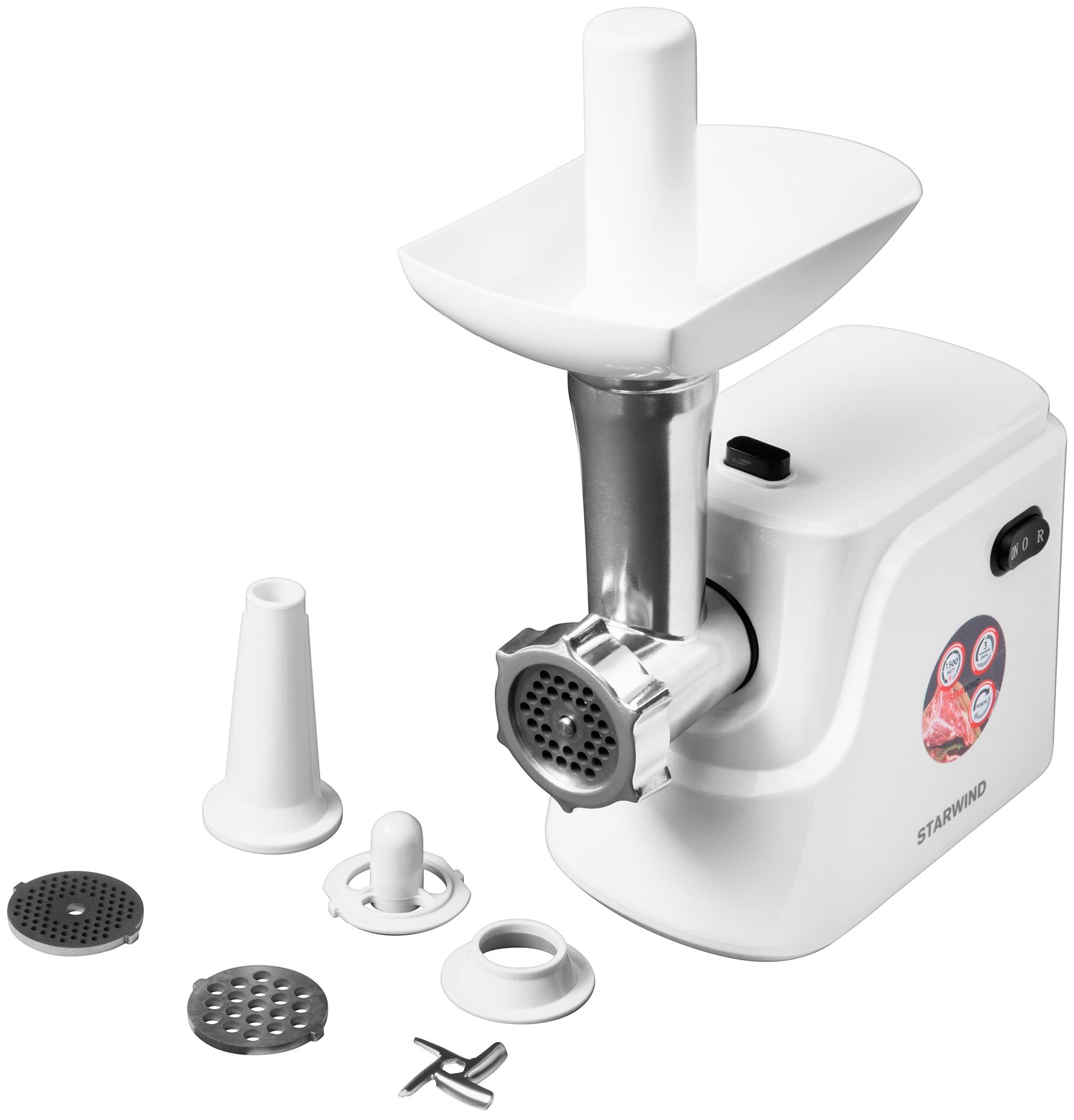Мясорубка Starwind SMG3120, 3 диска, система реверса, 1500 Вт, белый