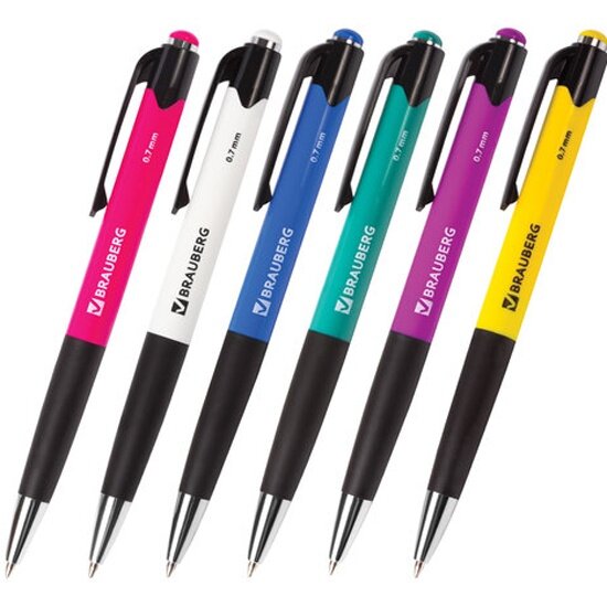 Ручка шариковая Brauberg автоматическая с грипом "Concept", синяя, корпус ассорти, узел 0,7 мм, линия письма 0,35 мм, 141156