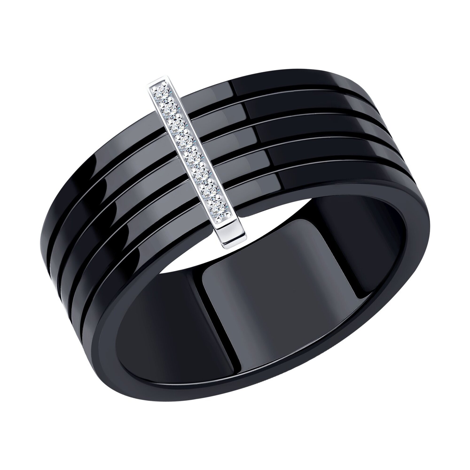 Кольцо широкое, дорожка, белое золото, 585 проба, бриллиант, керамика