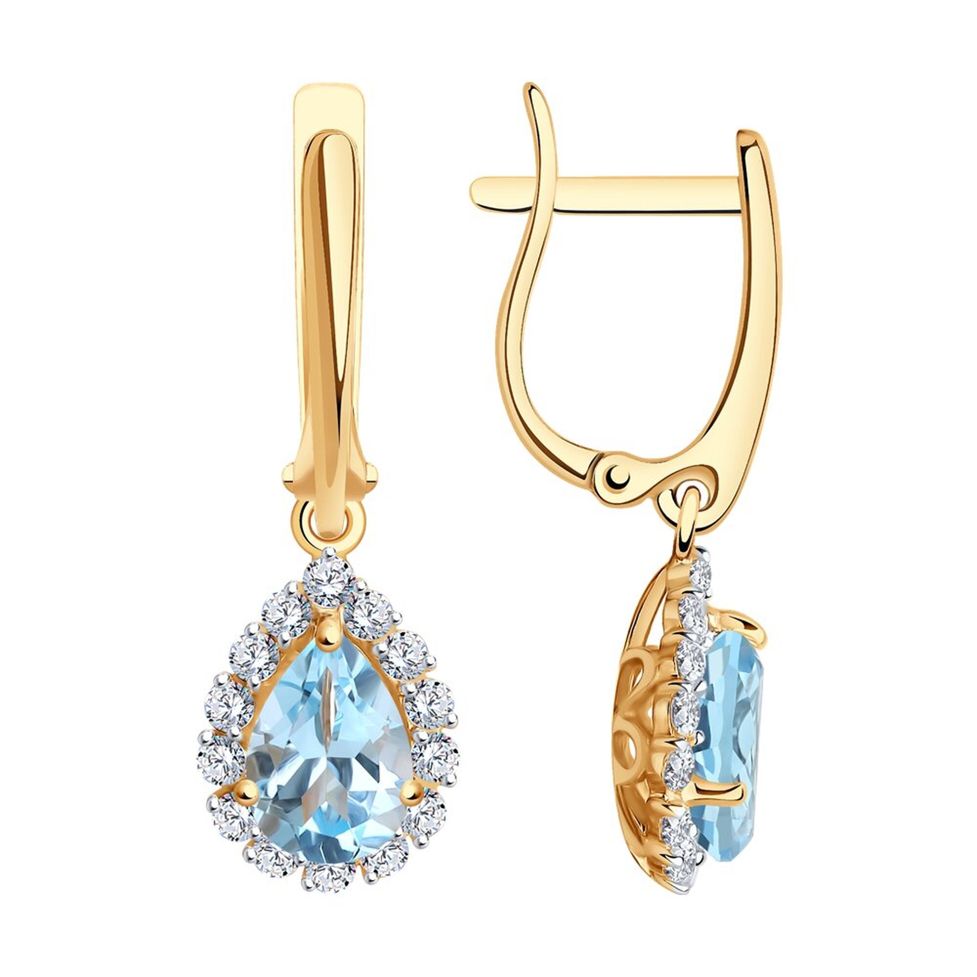 Серьги, красное золото, 585 проба, топаз, фианит