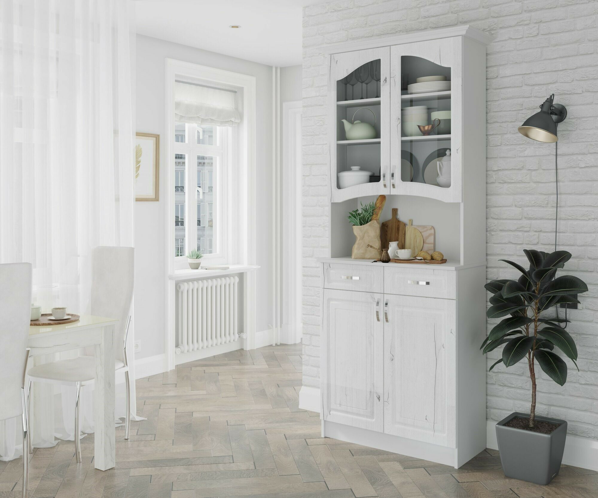 Буфет с выдвижными ящиками и верхними стекляными фасадами для кухни