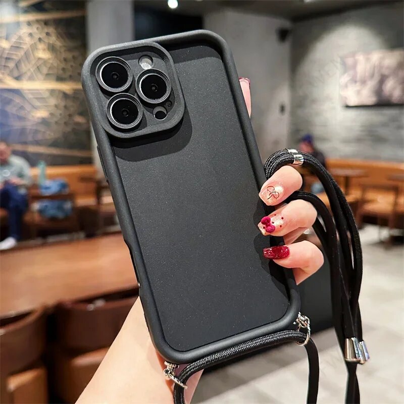 Силиконовый чехол с ремешком через плечо для iphone 17 Air 16E 15 14 13 12 iPhone7, Черный, Black