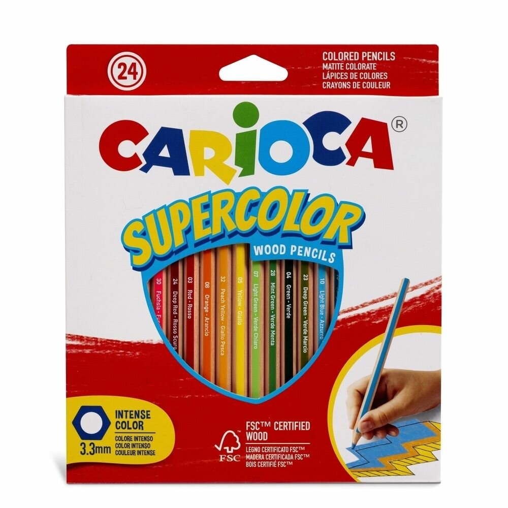 Набор цветных карандашей Carioca SUPERCOLOR, 24 цвета, шестигранный корпус, деревянные, картонная упаковка (43393)