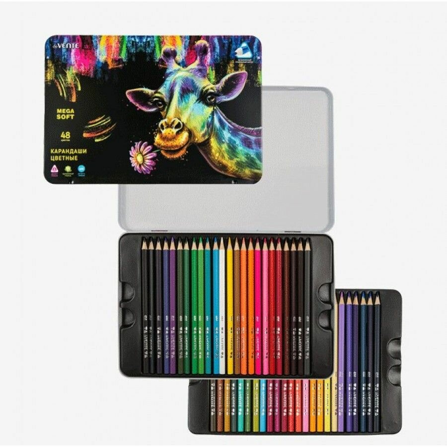 Карандаши цветные deVENTE 48 шт, Trio Mega Soft 3 мм, 4М, трехгранные, металлическая подарочная упаковка